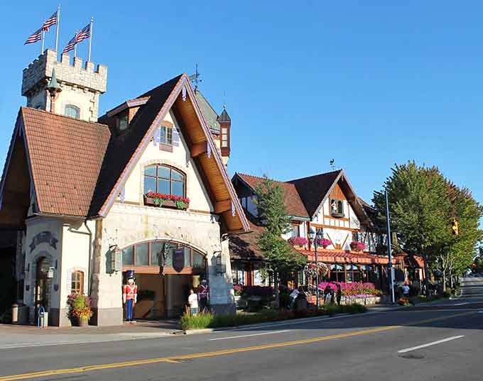 Storybook architecture with turrets and timber framing makes you wonder if you've accidentally driven into a European village.