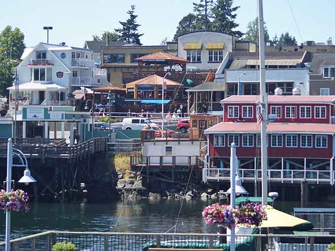 The harbor's colorful floating homes bob gently, creating a whimsical neighborhood where mailboxes arrive by boat instead of truck.
