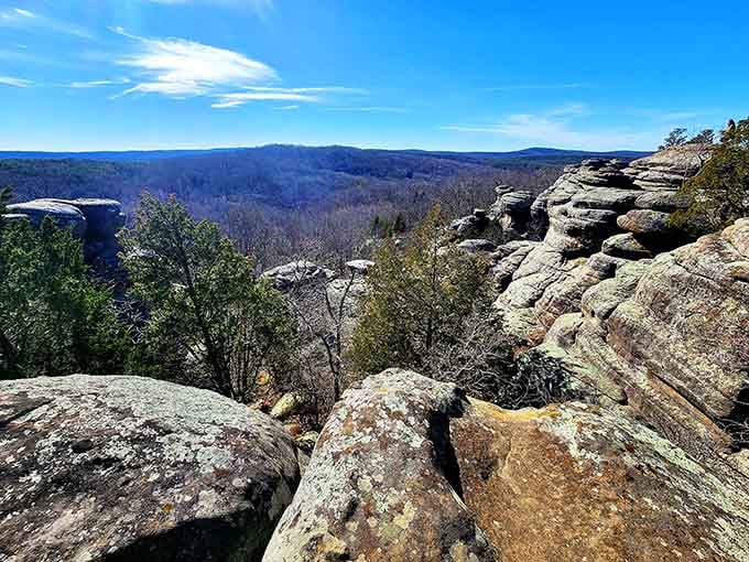 Weathered stone formations frame miles of untouched wilderness, offering perspective that makes everyday worries feel wonderfully small.