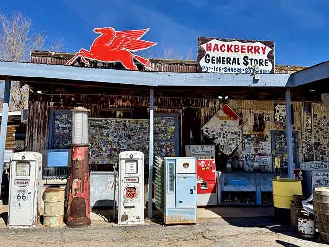 That flying red Pegasus and vintage pumps create the most Instagram-worthy Route 66 scene you'll find anywhere along the Mother Road.