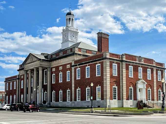This grand courthouse with its clock tower could double as a movie set for every small-town drama ever made.