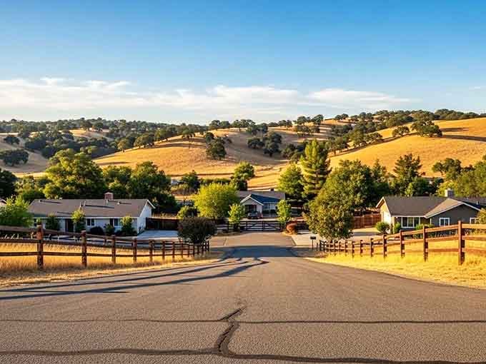 Golden hills roll like waves frozen in time, where ranch fences draw perfect lines across the landscape.