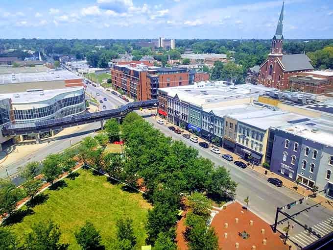 This bird's-eye view shows green spaces threading through the urban landscape like nature's own welcome mat.