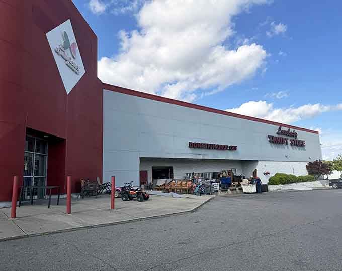That bold red and white exterior promises warehouse-sized treasures waiting inside for your next shopping adventure.