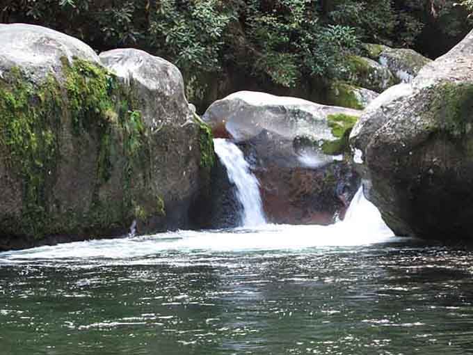 Water rushes between moss-covered boulders like a scene from every adventure movie you loved as a kid.