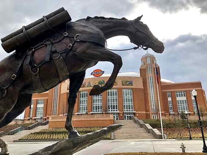 This bronze sculpture captures the raw power and determination of cowgirls who helped shape the American West.