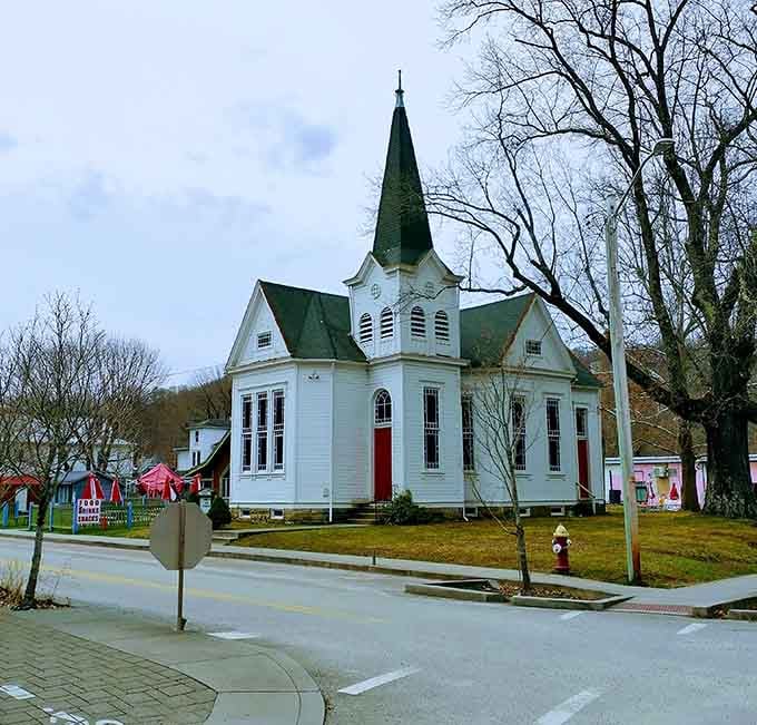 This little white chapel with the red door is Ohiopyle's quiet handshake hello.