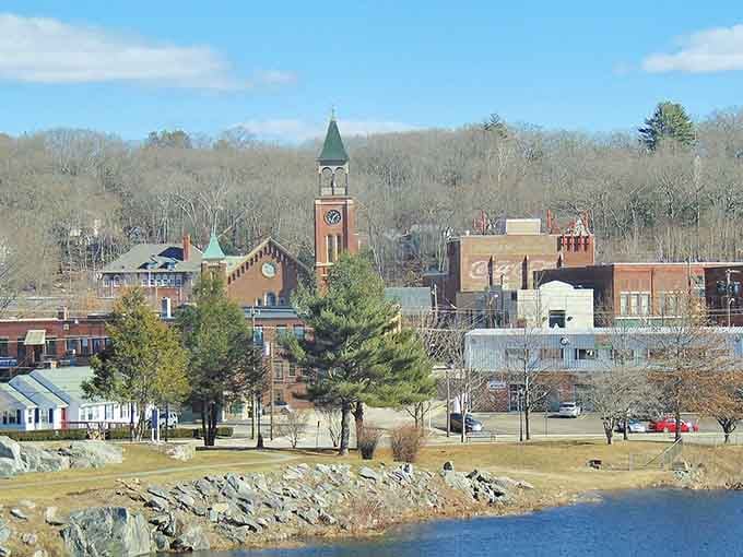 That brick clock tower rises above the rooftops like a friendly neighborhood timekeeper watching over everyone.