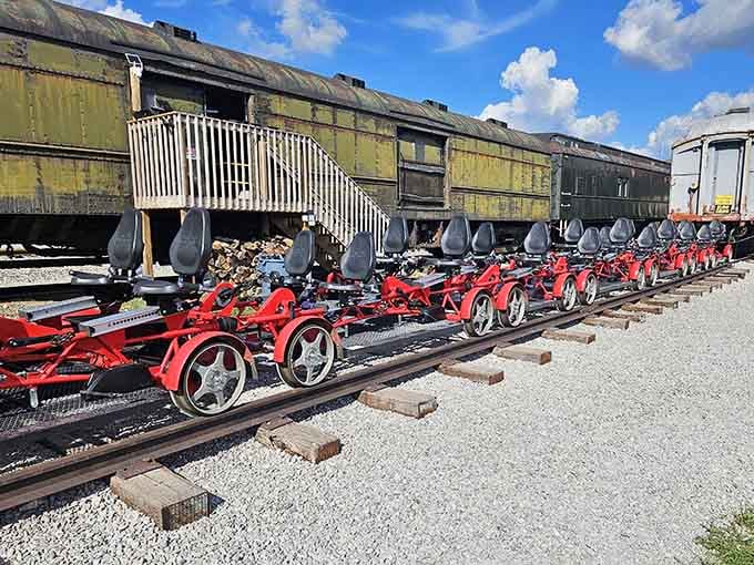 These pedal-powered rail bikes lined up like bright red sports cars promise a workout with spectacular views.