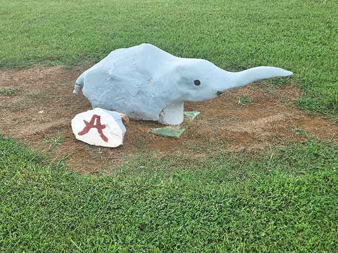 This cheerful painted rock shows its Alabama pride with a Crimson Tide logo at the quirky Rock Zoo.