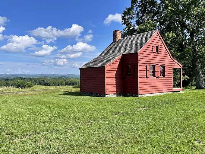 The red barn sits simple and sturdy against rolling hills, reminding us that Revolutionary courage happened in humble places.