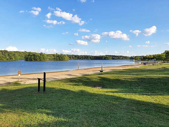 Sandy beach meets calm lake under cotton-candy clouds, offering the kind of summer day Norman Rockwell would've loved painting.