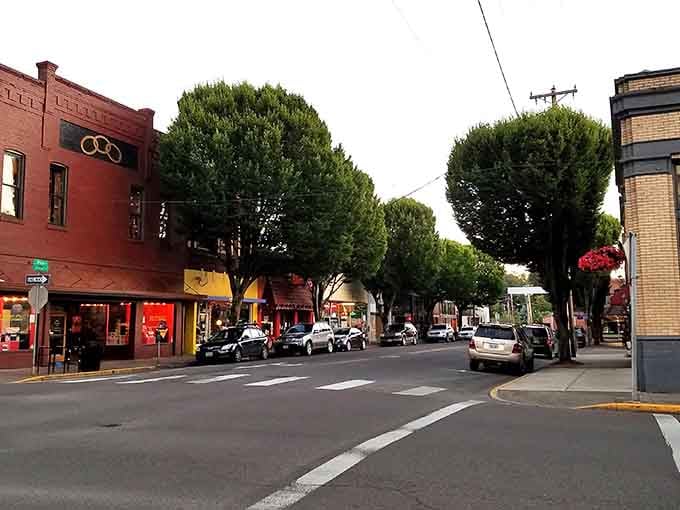 Mature trees shade the main drag where brick buildings stand shoulder-to-shoulder like old friends.