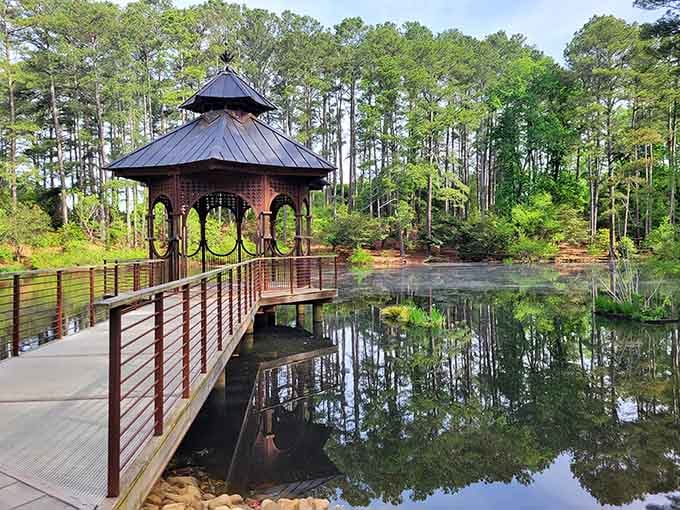 This wooden pavilion floats over still water like something straight out of a peaceful meditation app come to life.