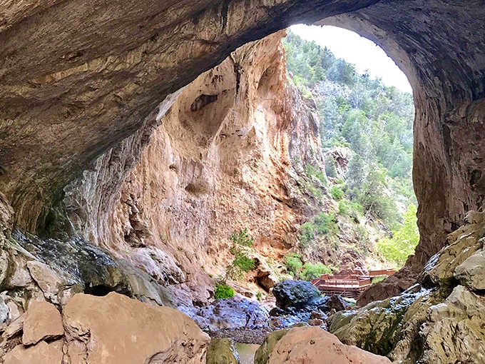 Standing beneath this massive stone arch feels like discovering nature's secret cathedral in the Arizona pines.