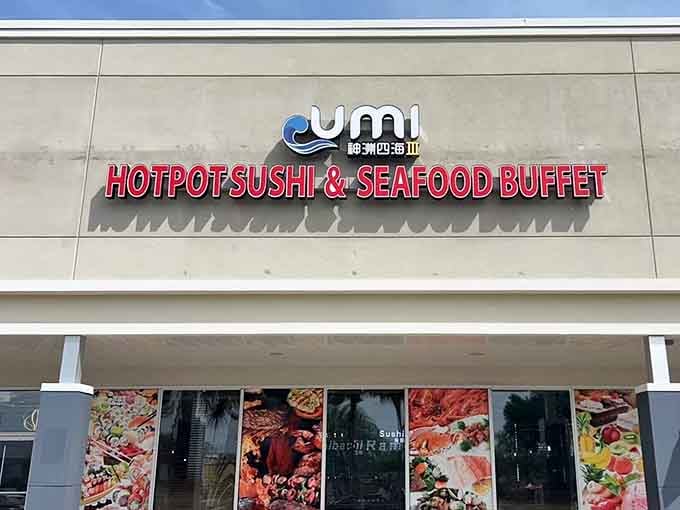The bold red lettering on Umi's storefront makes a promise: hotpot, sushi, and seafood without limits or regrets.