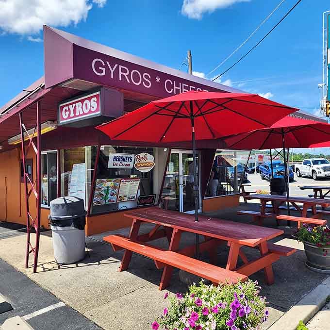 Those bright red umbrellas and picnic tables create the perfect spot for enjoying gyros in the sunshine.