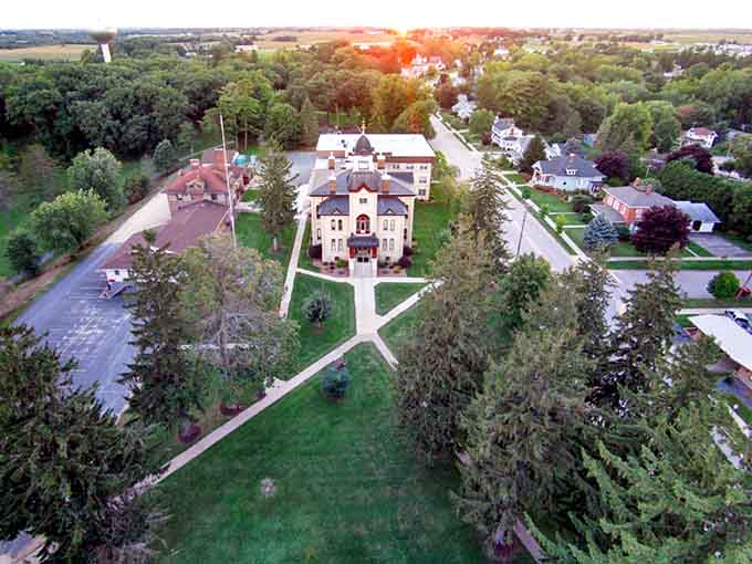 This aerial view reveals Viroqua's classic courthouse standing sentinel over tree-lined streets like a proud town elder watching over family.