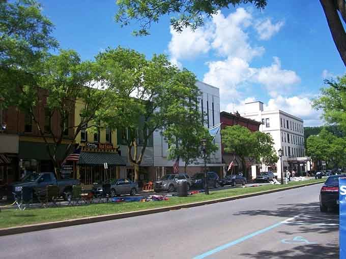 Blue skies and green spaces remind you that some towns still prioritize beauty over parking lots and chain stores.
