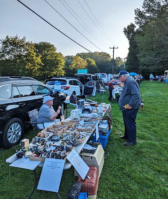 Evening light bathes the field as shoppers browse tables filled with vintage cameras and forgotten collectibles.