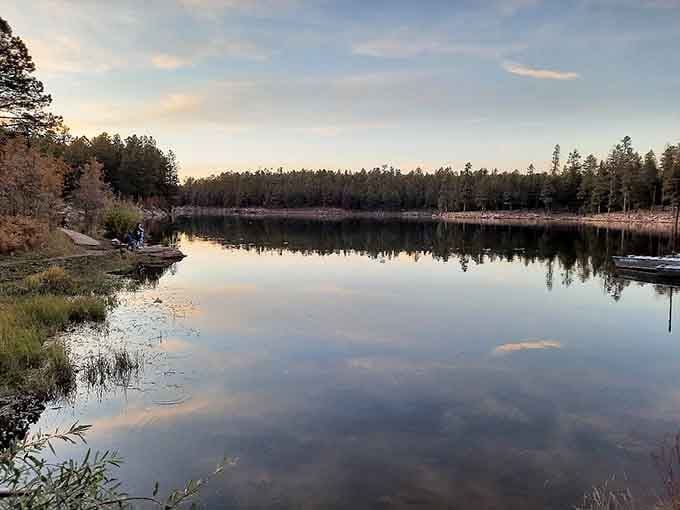Golden hour paints the pine-rimmed water in soft pastels that remind you Arizona has more tricks up its sleeve.