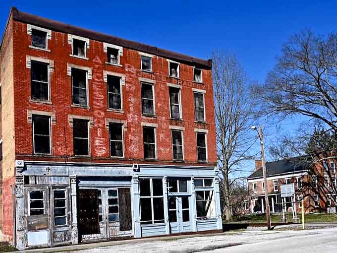Weather-worn brick tells tales of resilience, this building standing as a testament to what endures through changing times.