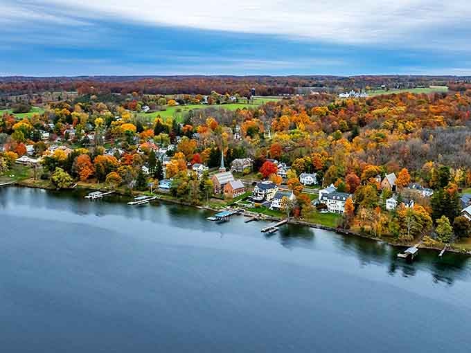 Fall foliage explodes across the landscape while the lake mirrors every brilliant orange and crimson leaf like nature showing off.