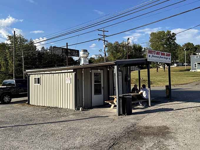 Bert's charming little building sits ready to serve milkshakes and hot dogs under that perfect blue sky all day long.