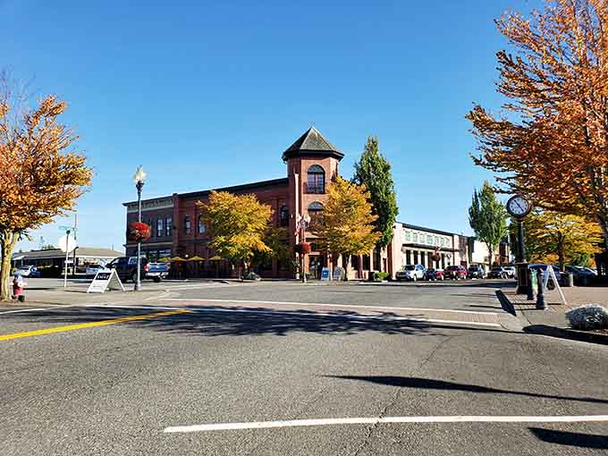 Fall colors frame that distinctive tower building like nature's own picture frame highlighting small-town architecture at its finest.