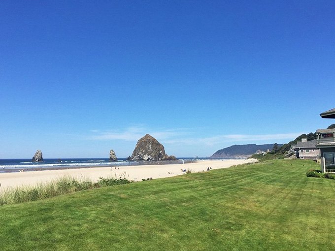 That manicured lawn meets wild beach in a scene so perfectly composed it could hang in an art gallery.
