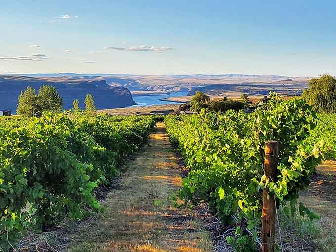 Vineyard rows lead your eye straight to the dramatic gorge views where the Columbia River carves through ancient rock.