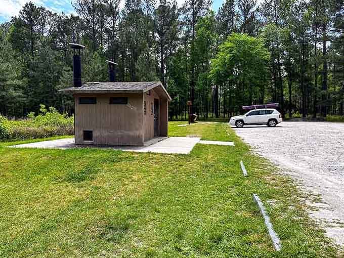 A tidy vault restroom and a gravel road disappearing into the pines &mdash; Congaree keeps things beautifully simple and wonderfully wild.
