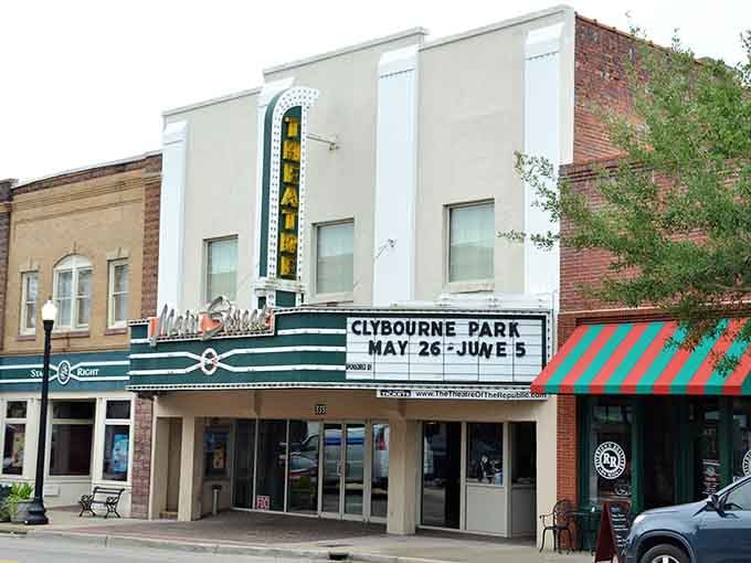 The vintage theater marquee beckons like a time machine to when going to the movies was a true event.