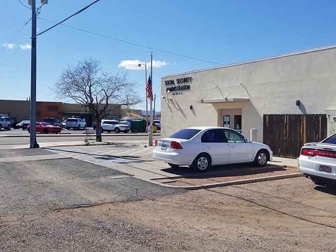 Simple downtown architecture reflects a community focused on essentials rather than expensive extras nobody really needs anyway.