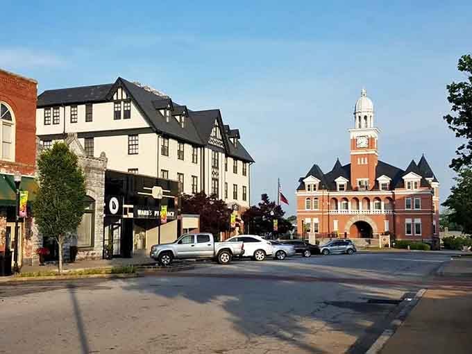 That ornate courthouse clock tower rises like something from a Hallmark movie set in small-town America.