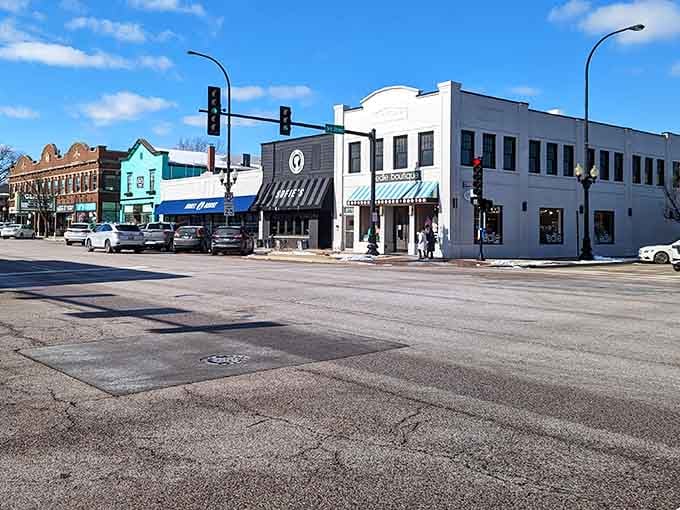 Even on a gray day, this downtown corner radiates the kind of warmth that hot chocolate aspires to.