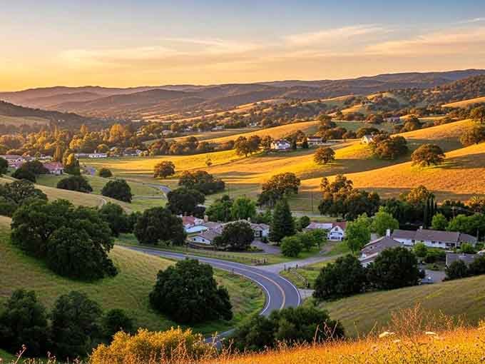 Sunset paints the valley in honey tones, proving Mother Nature's still the best interior designer around here.