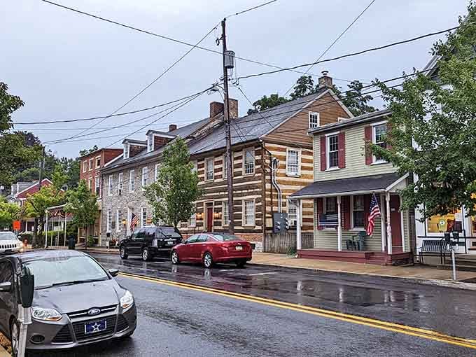 Log cabin meets painted wood in a streetscape that celebrates Pennsylvania's architectural heritage beautifully.
