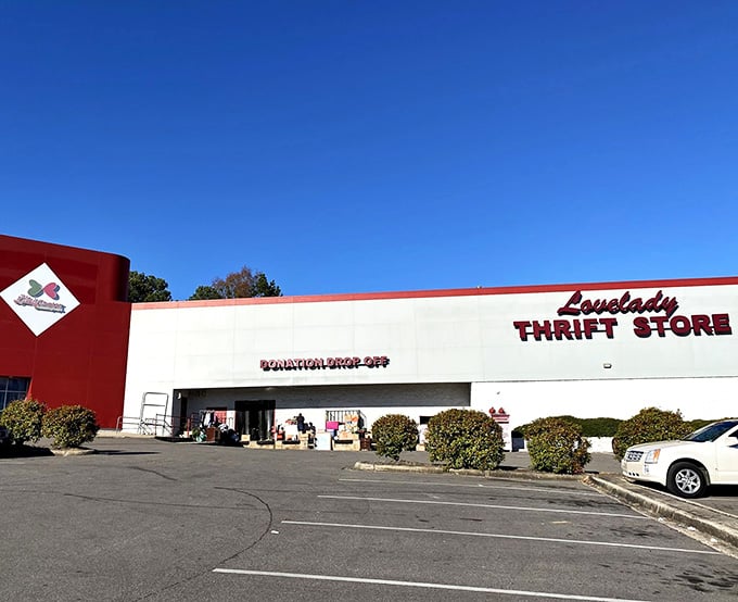Under those perfect blue skies, this spacious thrift store beckons bargain hunters with its welcoming entrance.