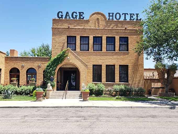 The Gage Hotel stands like a grand dame welcoming weary travelers with open arms and cool shade.
