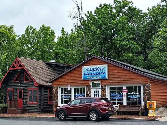 Even the laundromat looks charming here, nestled among trees where doing chores feels almost like a vacation activity.