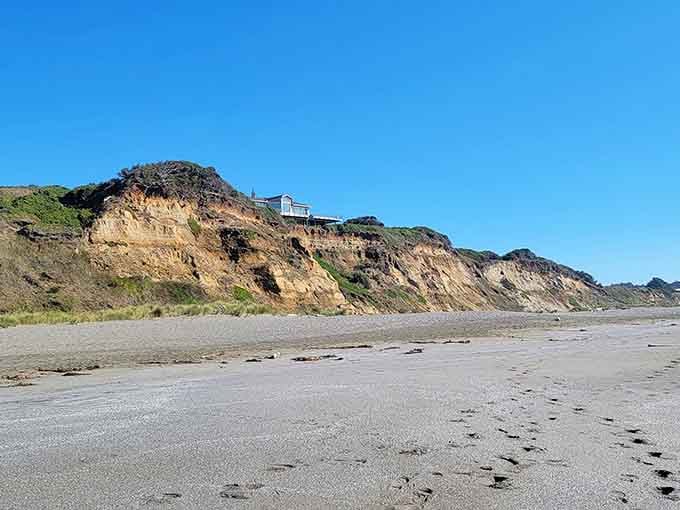 Miles of empty beach stretch beneath dramatic cliffs where seagulls outnumber people by about a thousand to one.