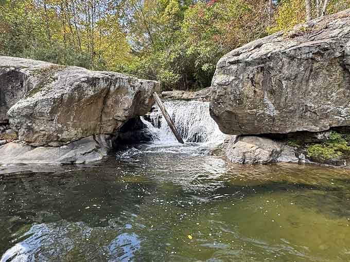 Misty cascade tumbles into pristine pool where moss-covered rocks frame nature's most enchanting bathing spot.