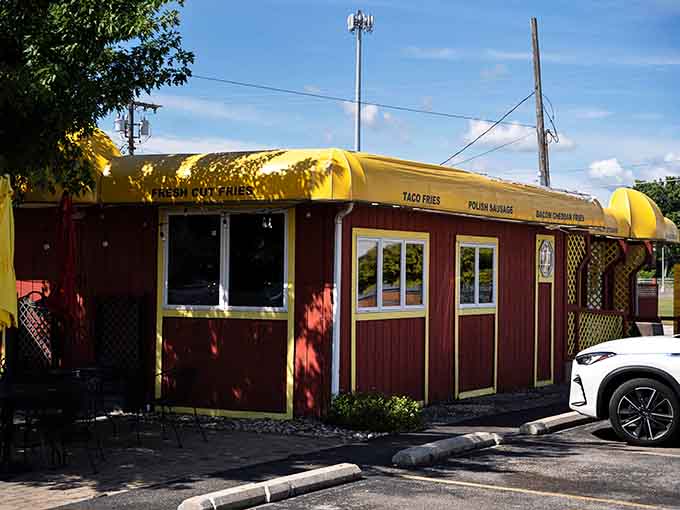 The burgundy and yellow color scheme catches afternoon light beautifully, making this roadside stop impossible to miss driving by.
