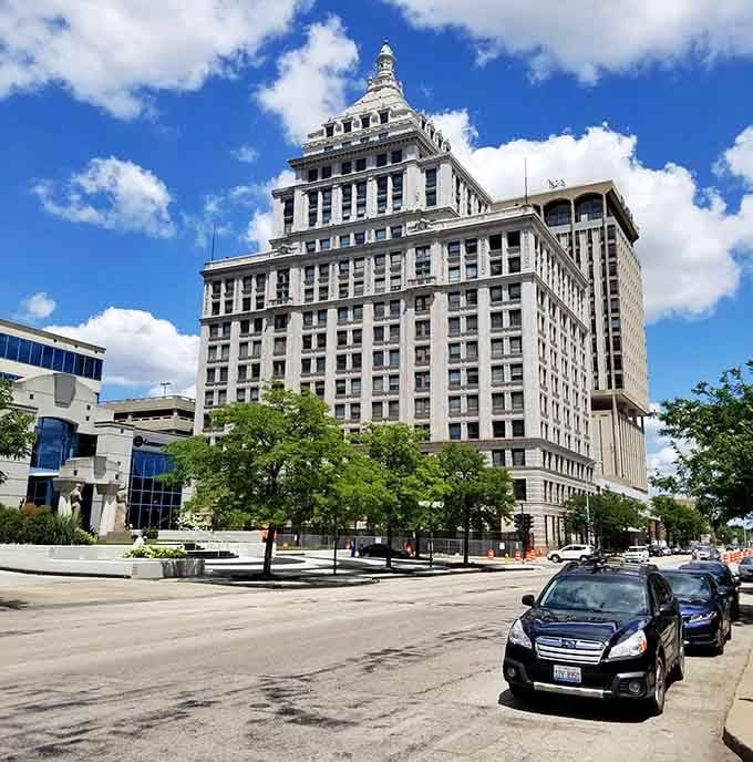 Peoria's towering downtown landmark rises against a brilliant blue sky, reminding everyone that this city has always meant serious business.