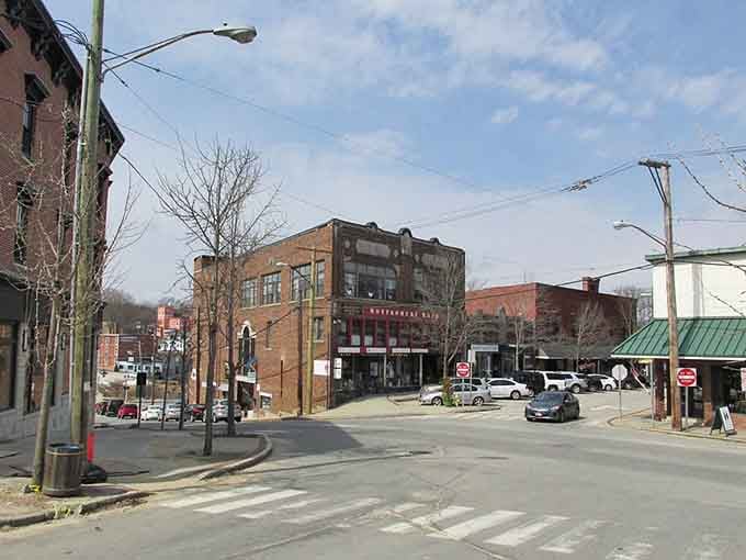 Historic storefronts line the quiet street where time seems to move at a gentler pace.
