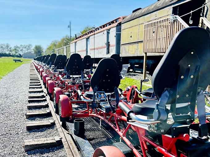 The sleek rail explorer seats stretch into the distance, offering a unique way to experience the tracks firsthand.