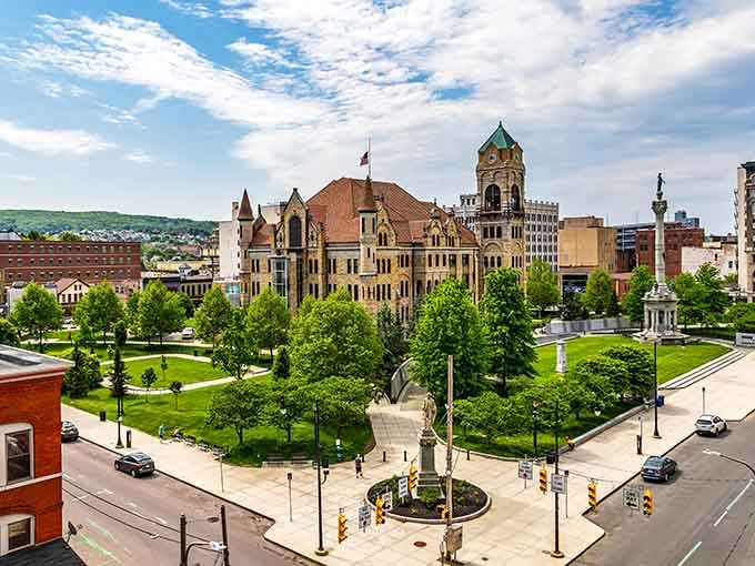 That stunning courthouse commands attention like the star of a classic movie, surrounded by its supporting cast of buildings.