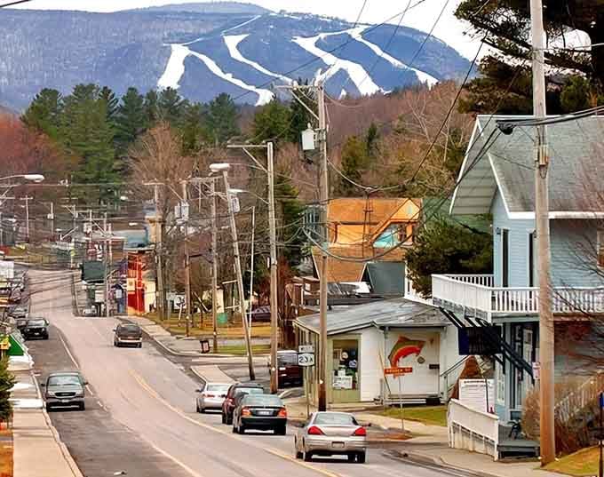 The ski slopes loom in the background, reminding you that adventure is always close by when you're exploring Tannersville's charming streets.