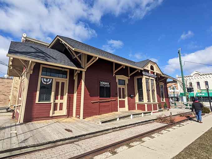 The restored depot's craftsman details and rich burgundy paint job prove that good bones never go out of style.
